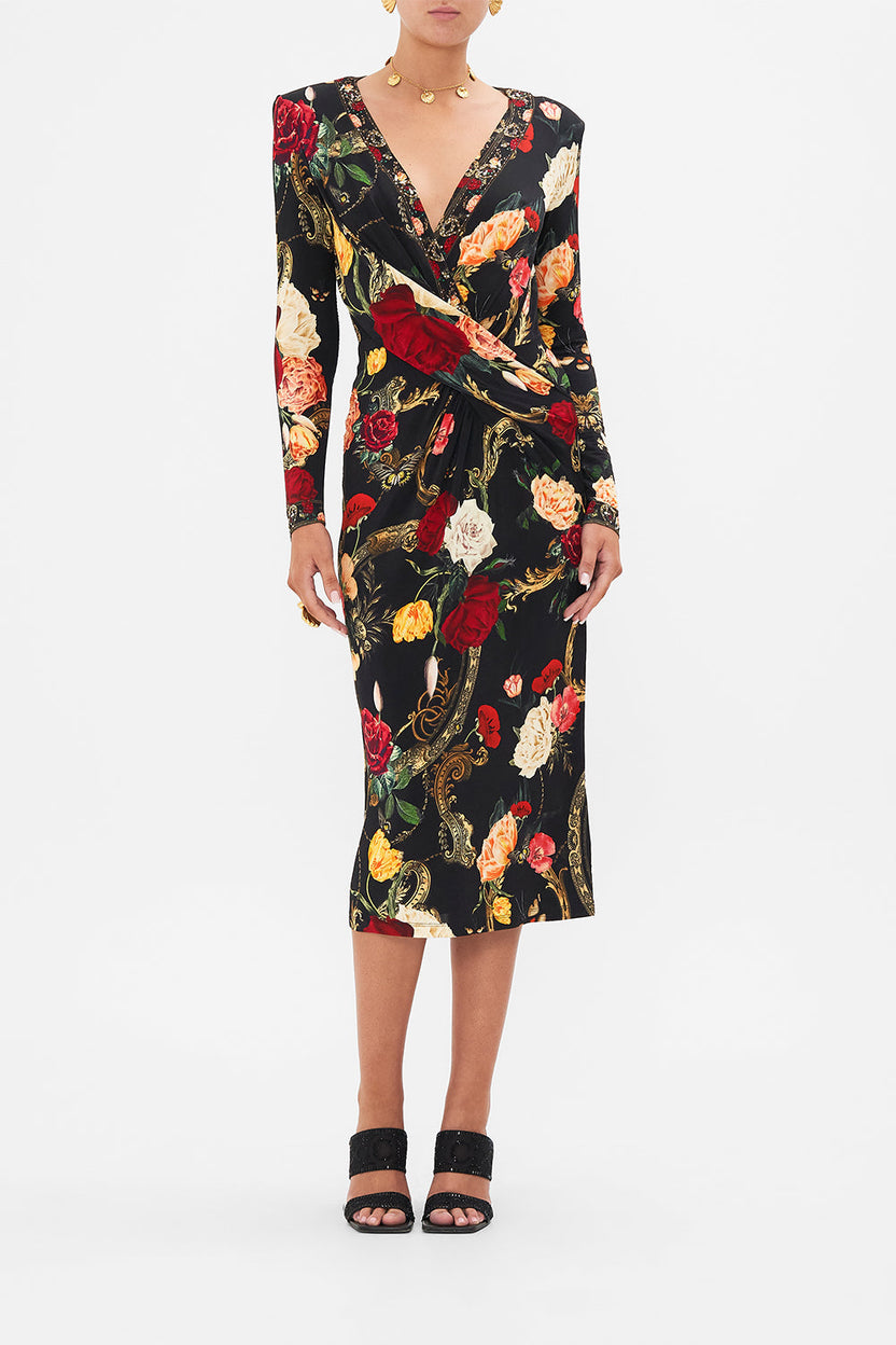 V-NECK MIDI CROSS FRONT DRESS MAGIC IN THE MANUSCRIPTS – CAMILLA