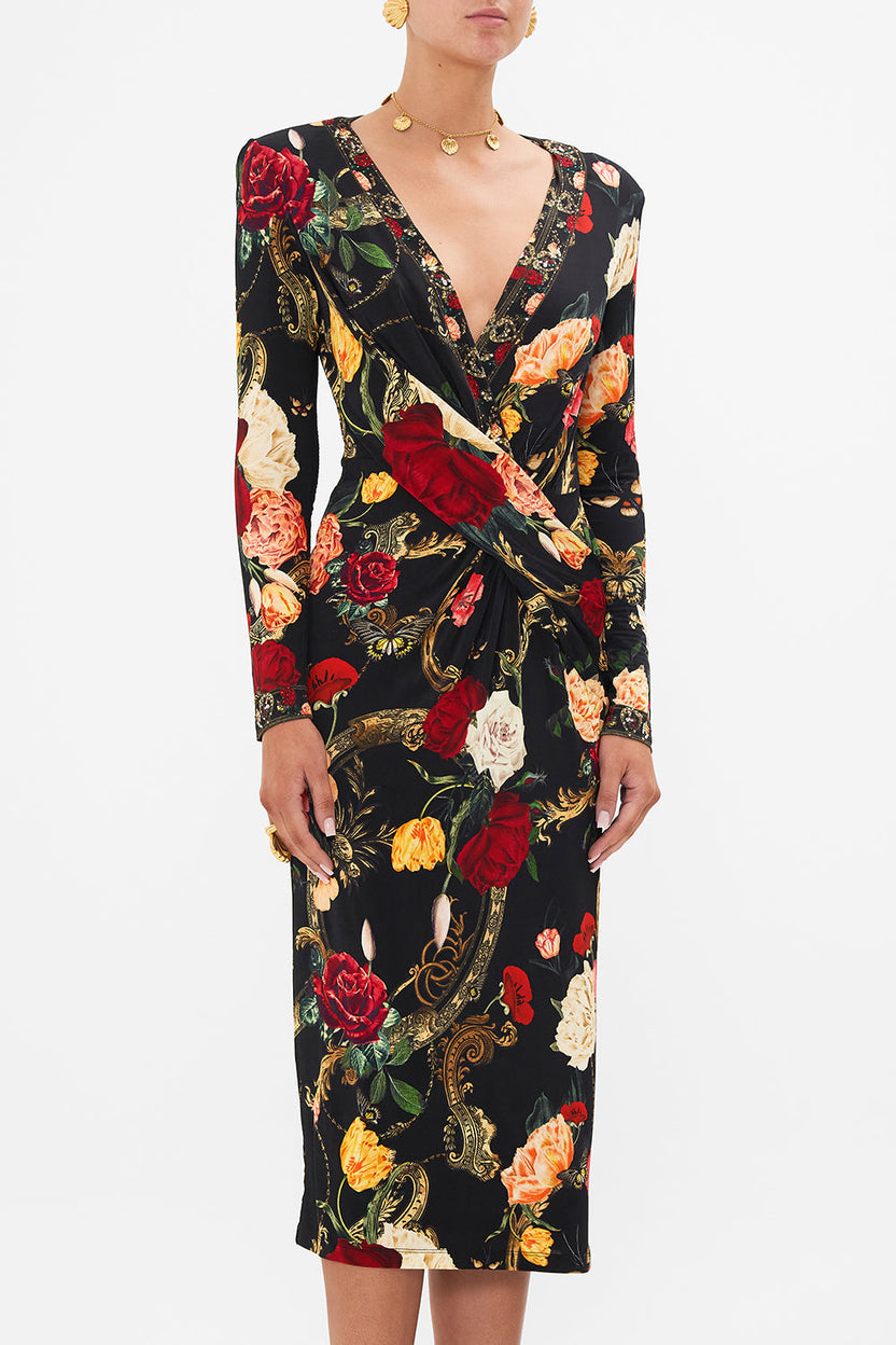 V-NECK MIDI CROSS FRONT DRESS MAGIC IN THE MANUSCRIPTS – CAMILLA