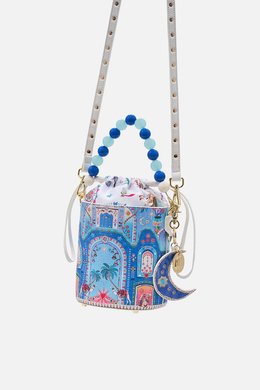 The A Painted Village Drawstring Bucket Bag With Beaded Handle ...