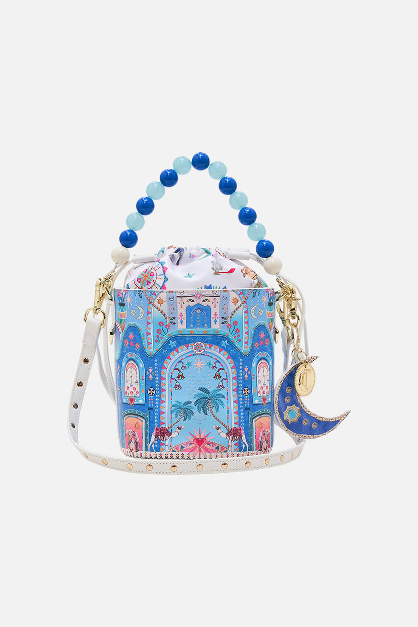 The A Painted Village Drawstring Bucket Bag With Beaded Handle ...