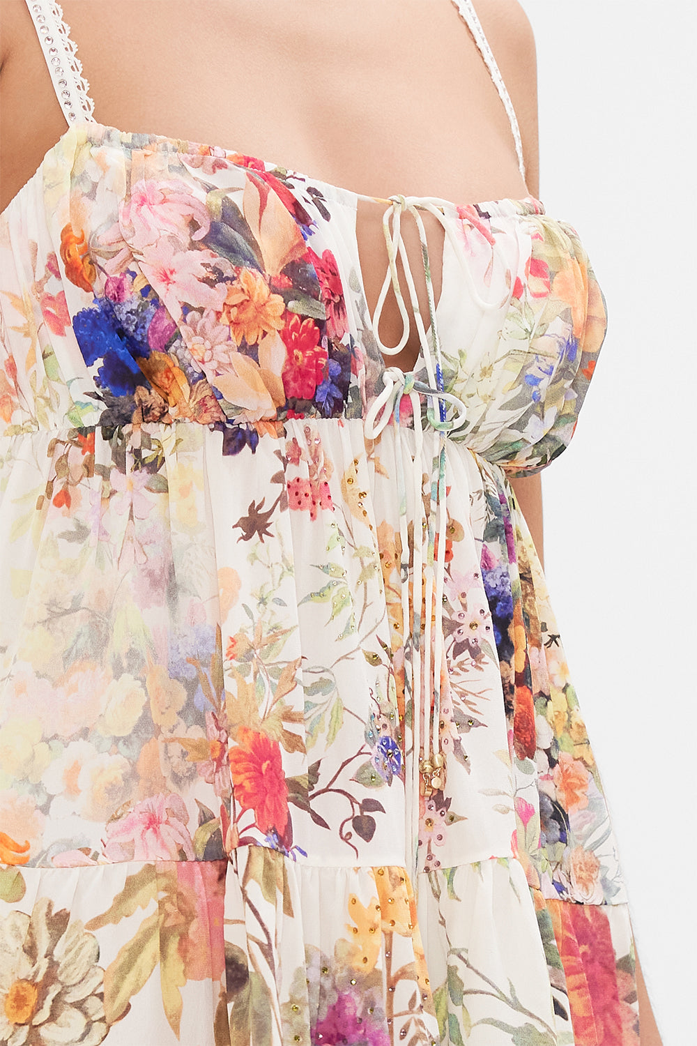 GATHERED BUST TIERED MINI DRESS FRIENDS WITH FRESCOS – CAMILLA