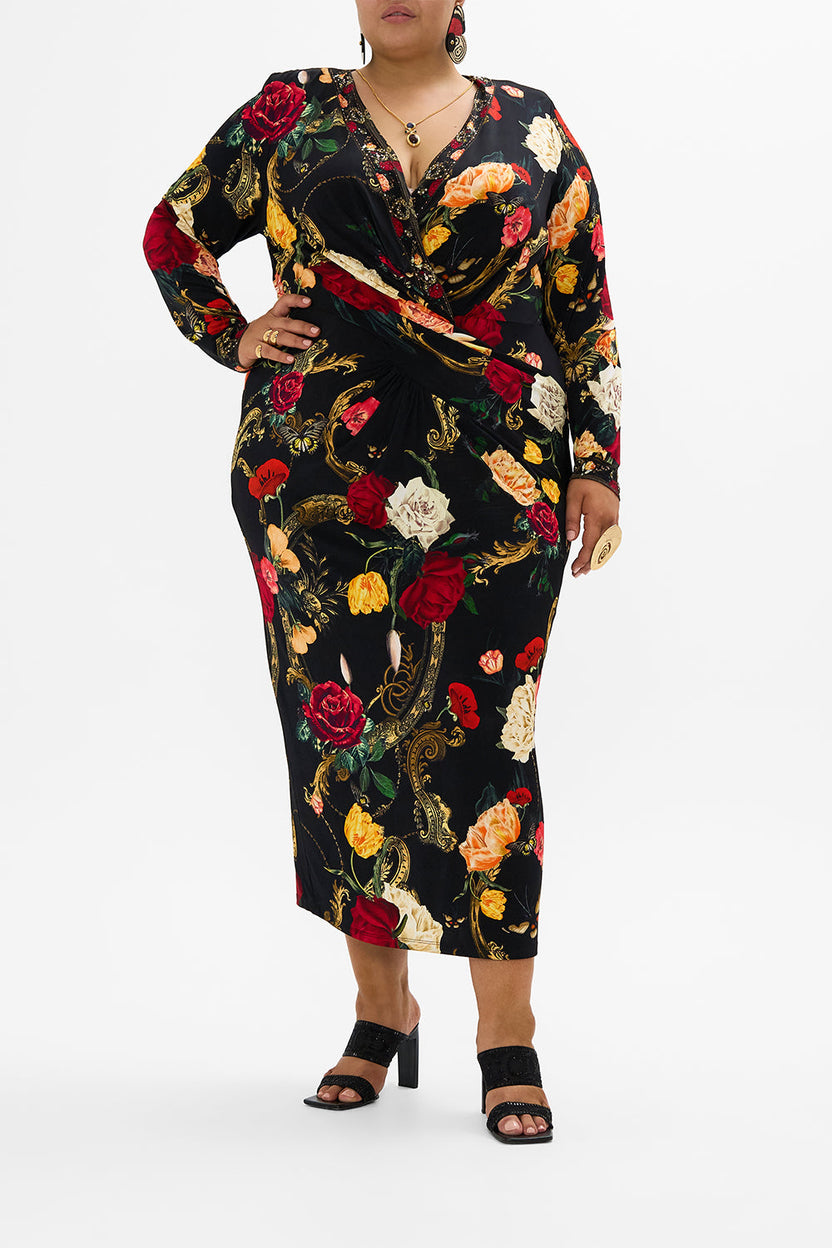 V-NECK MIDI CROSS FRONT DRESS MAGIC IN THE MANUSCRIPTS – CAMILLA