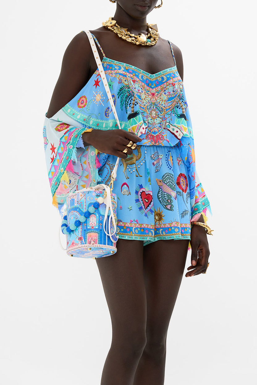 The A Painted Village Drawstring Bucket Bag With Beaded Handle ...