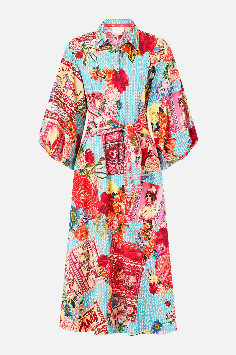 Papers And Curious Capers Waist Tie Shirt Dress With Bubble Sleeve ...